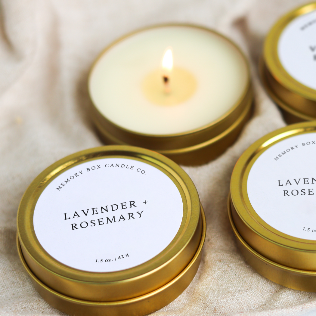 Lavender + Rosemary - 1.5 oz. Gold Tin Soy Candle – Malika Bourne Legacy
